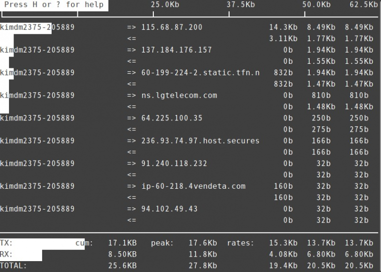 Linux iftop 사용하여 인터페이스 별 트래픽 탐지 테스트 - 스마일서브 IDCHOWTO닷컴